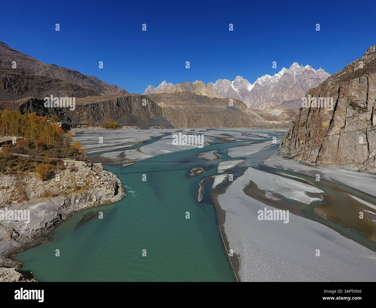 Aerial view of majestic Himalayas and Hunza Valley with Passu Cones and ...