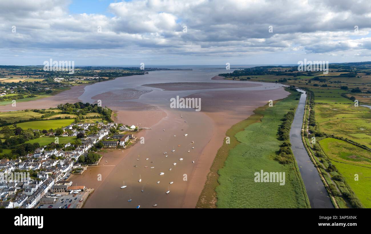 Aerial view of River Exe with boats and a sandbank, Topsham, United ...