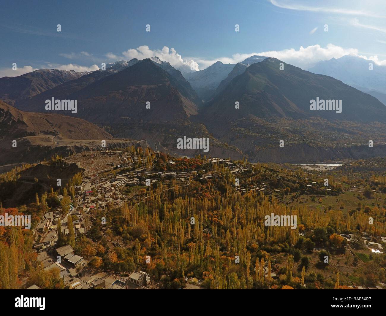 Aerial view of majestic Hunza Valley with remote village and scenic ...