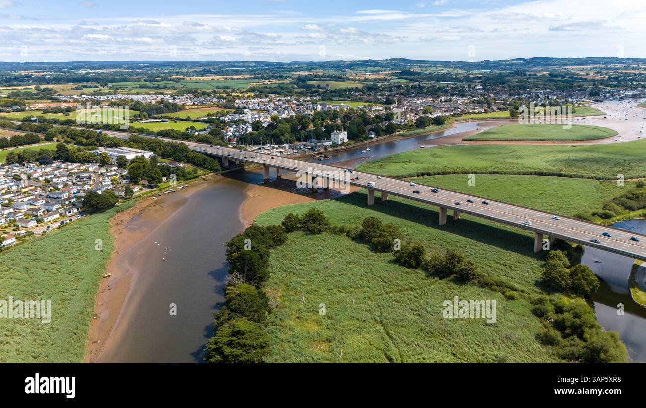 Aerial view of the M5 bridge over the serene River Exe with the ...