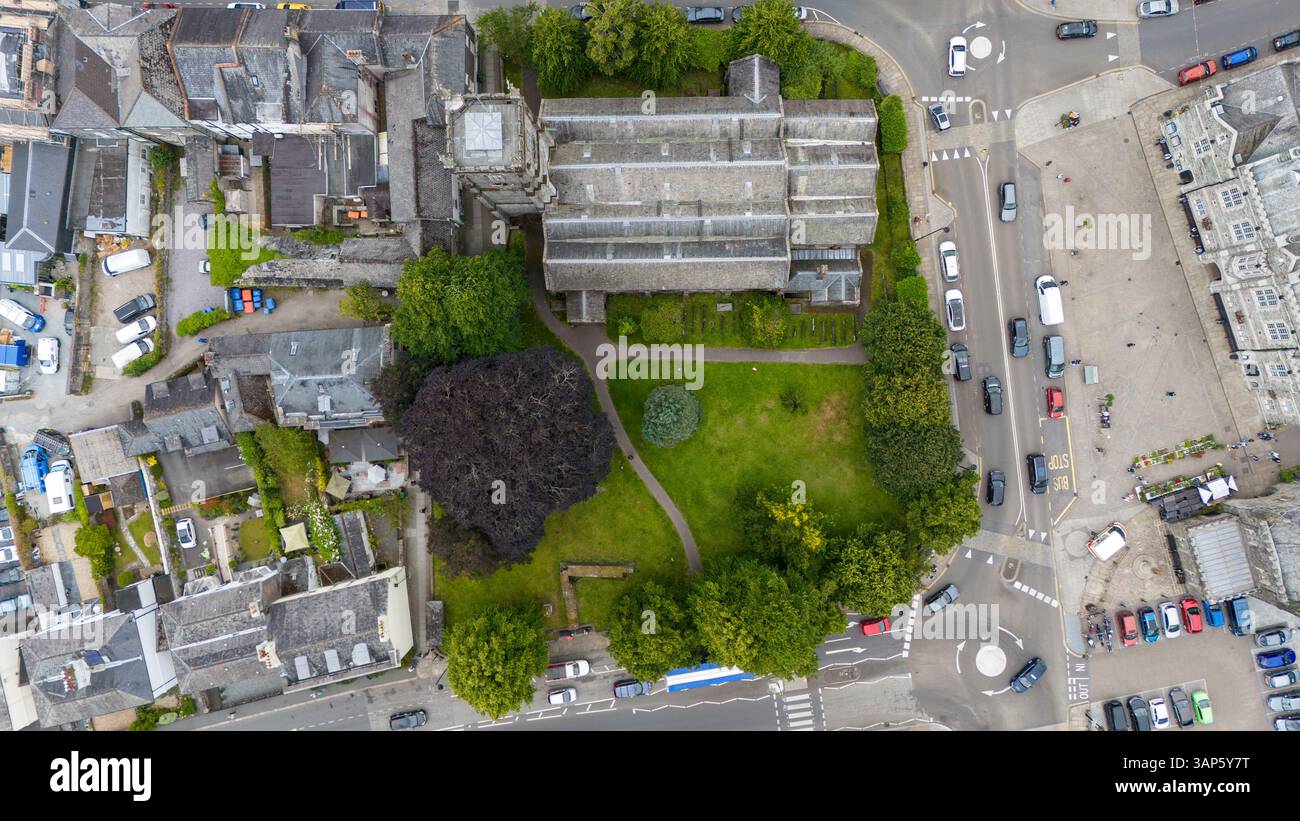 Aerial view of historic parish church and urban buildings surrounded by ...