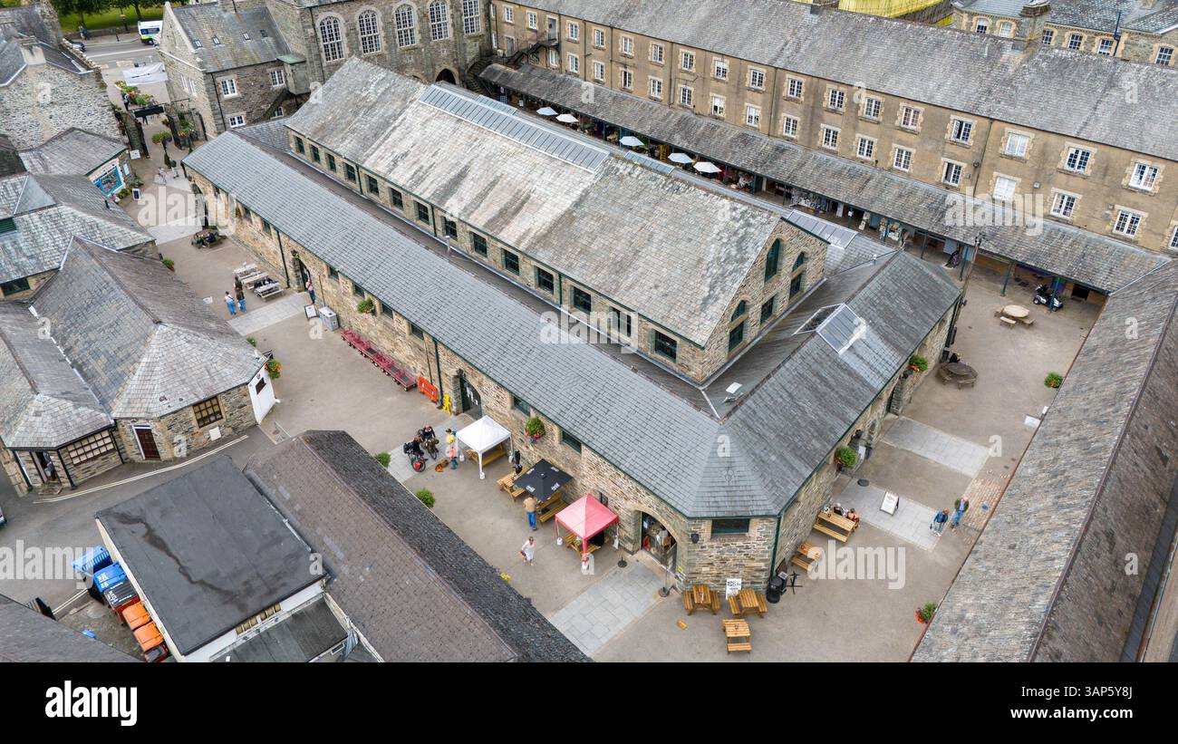 Aerial view of the historic pannier market with stalls in a bustling ...