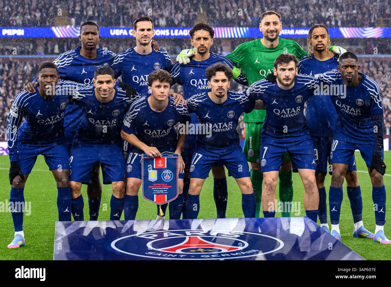 Villa Park, Birmingham, UK. 15th Apr, 2025. The PSG starting line up (L-R) Willian Pacho, Fabián ...