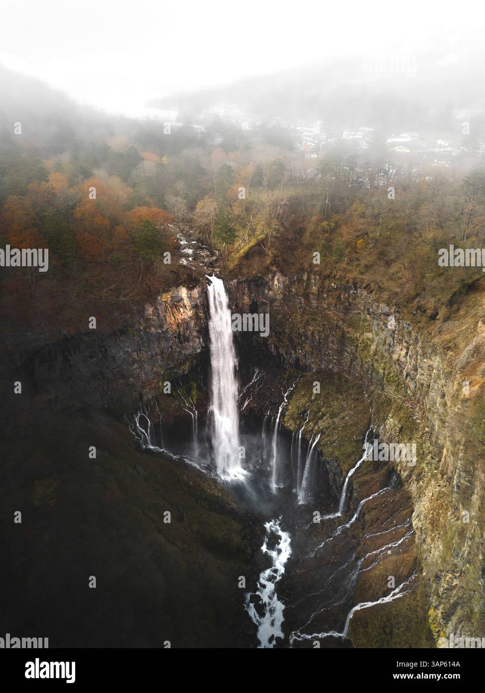 Aerial view of the Keagon Falls in a cold misty morning, Chugushi ...