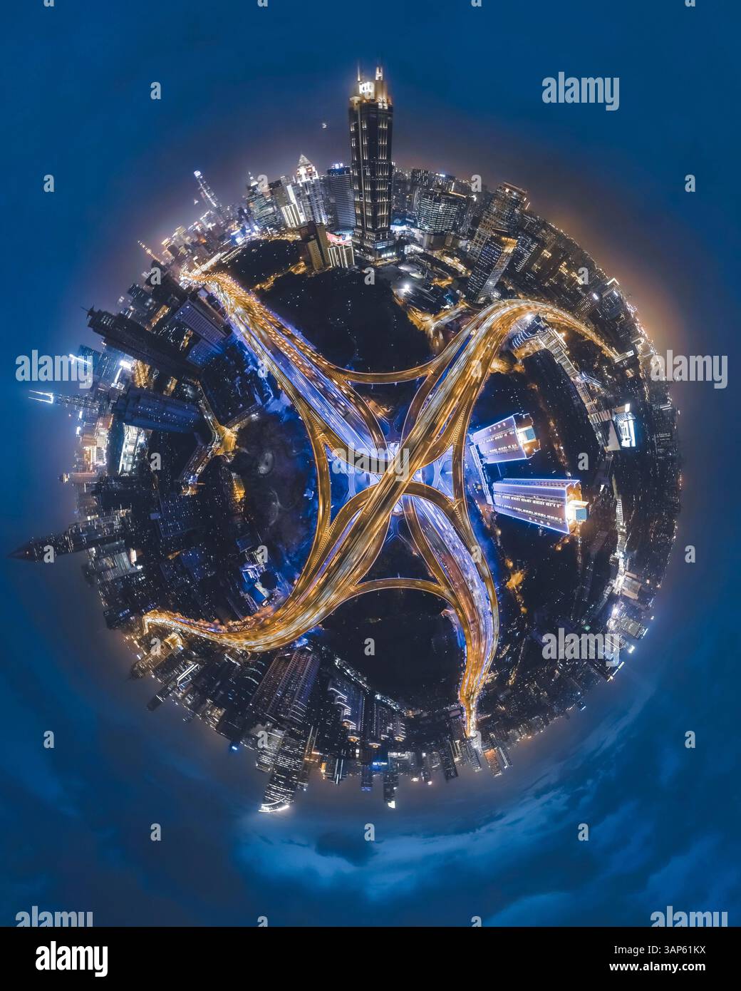 Aerial view of a vibrant tiny planet cityscape with illuminated skyscrapers and bustling streets ...