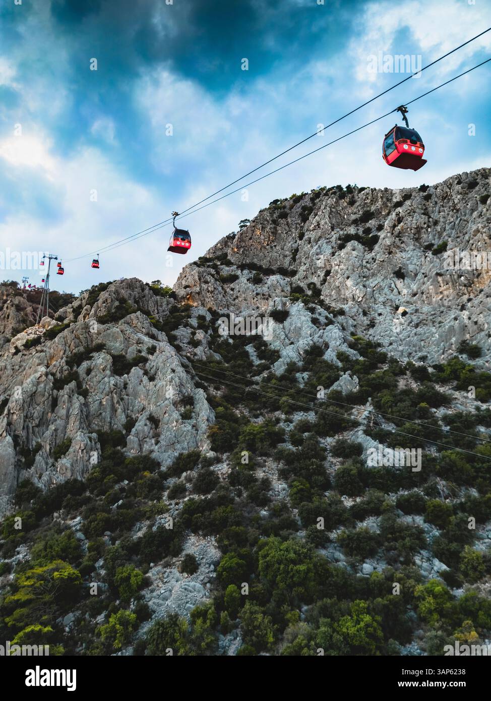 Aerial view of cable car along the mountain crest in Antalya, Turkey ...