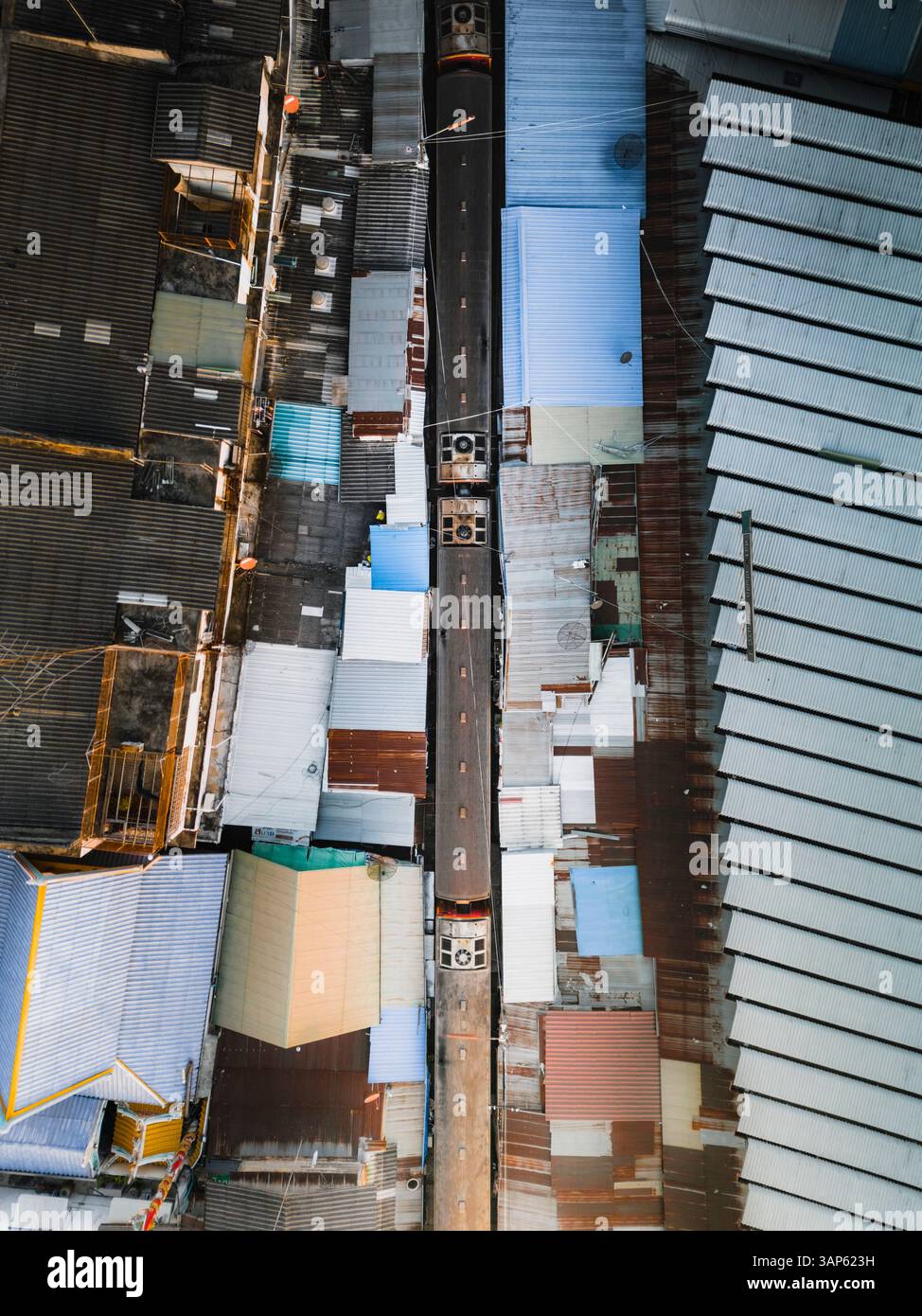 Aerial view of Train passing by the market in Bangkok, Thailand 2 Stock ...