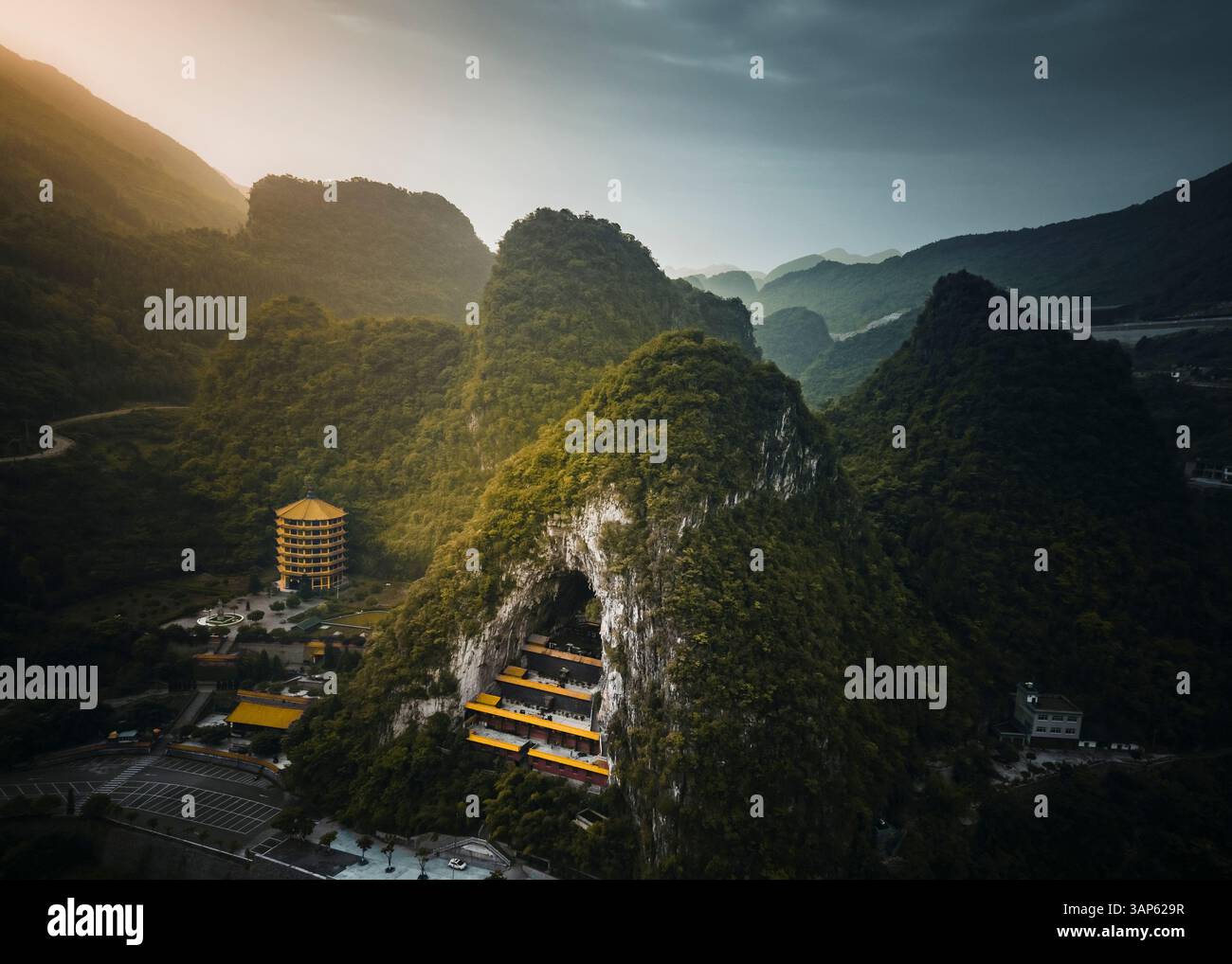 Aerial view of valley with temples in Guizhou province, China Stock ...