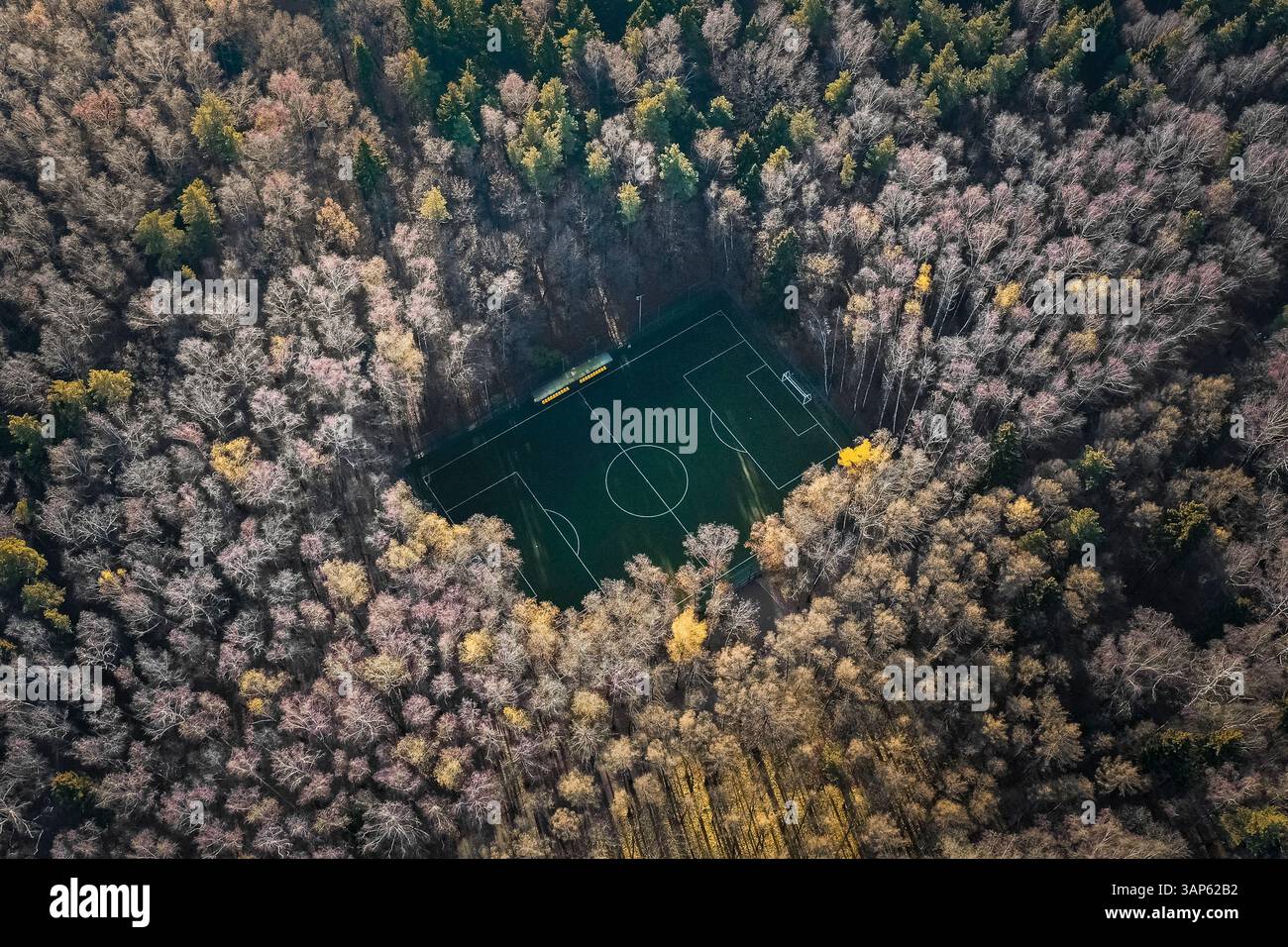 Aerial view of football field in autumn colours at sunrise, Moscow ...