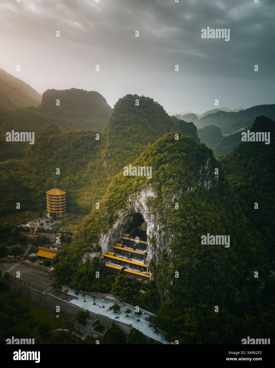 Aerial view of valley with temples in Guizhou province, China Stock ...