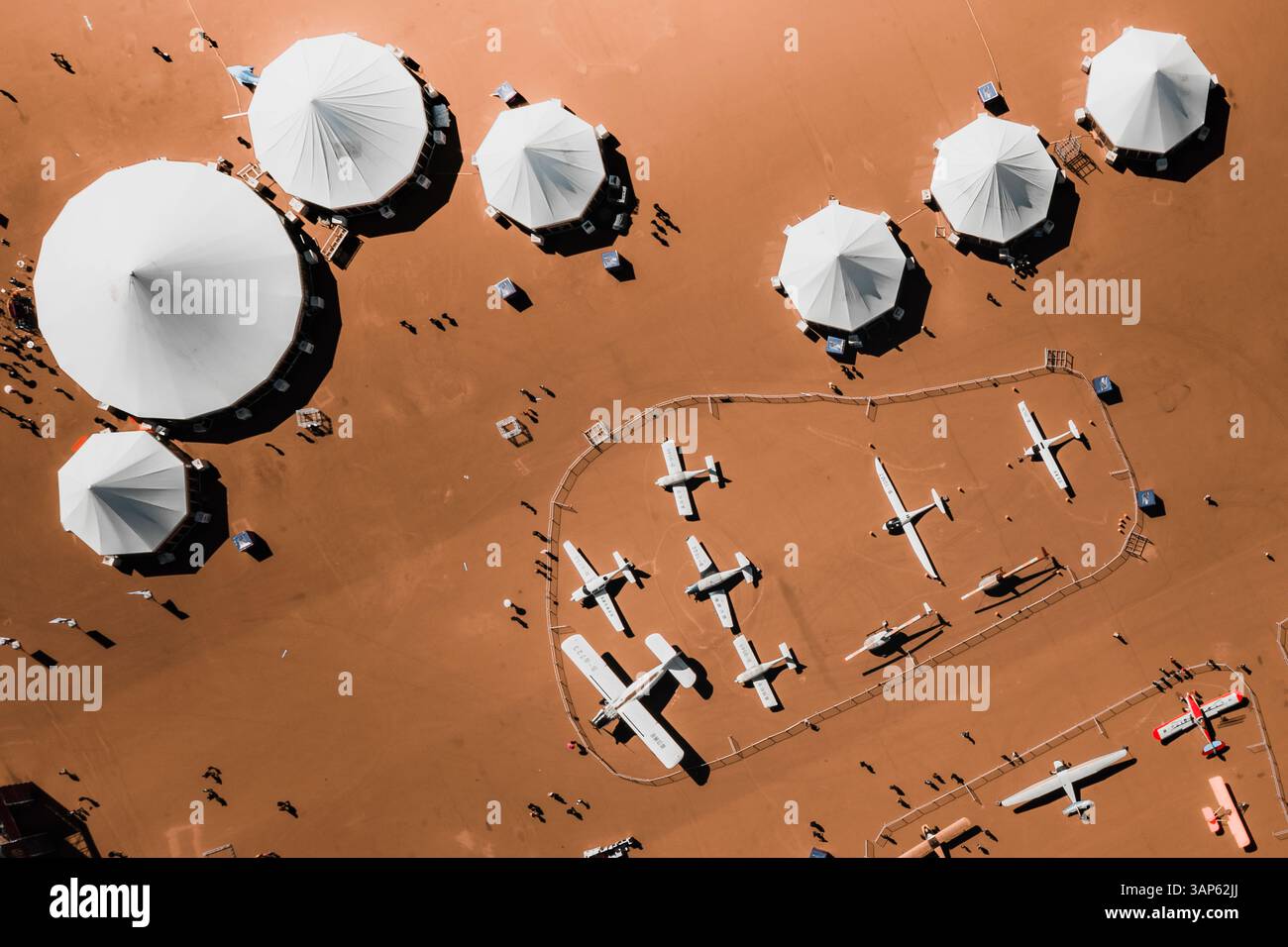 Aerial of view of air fair show in desert of Inner Mongolia, China ...