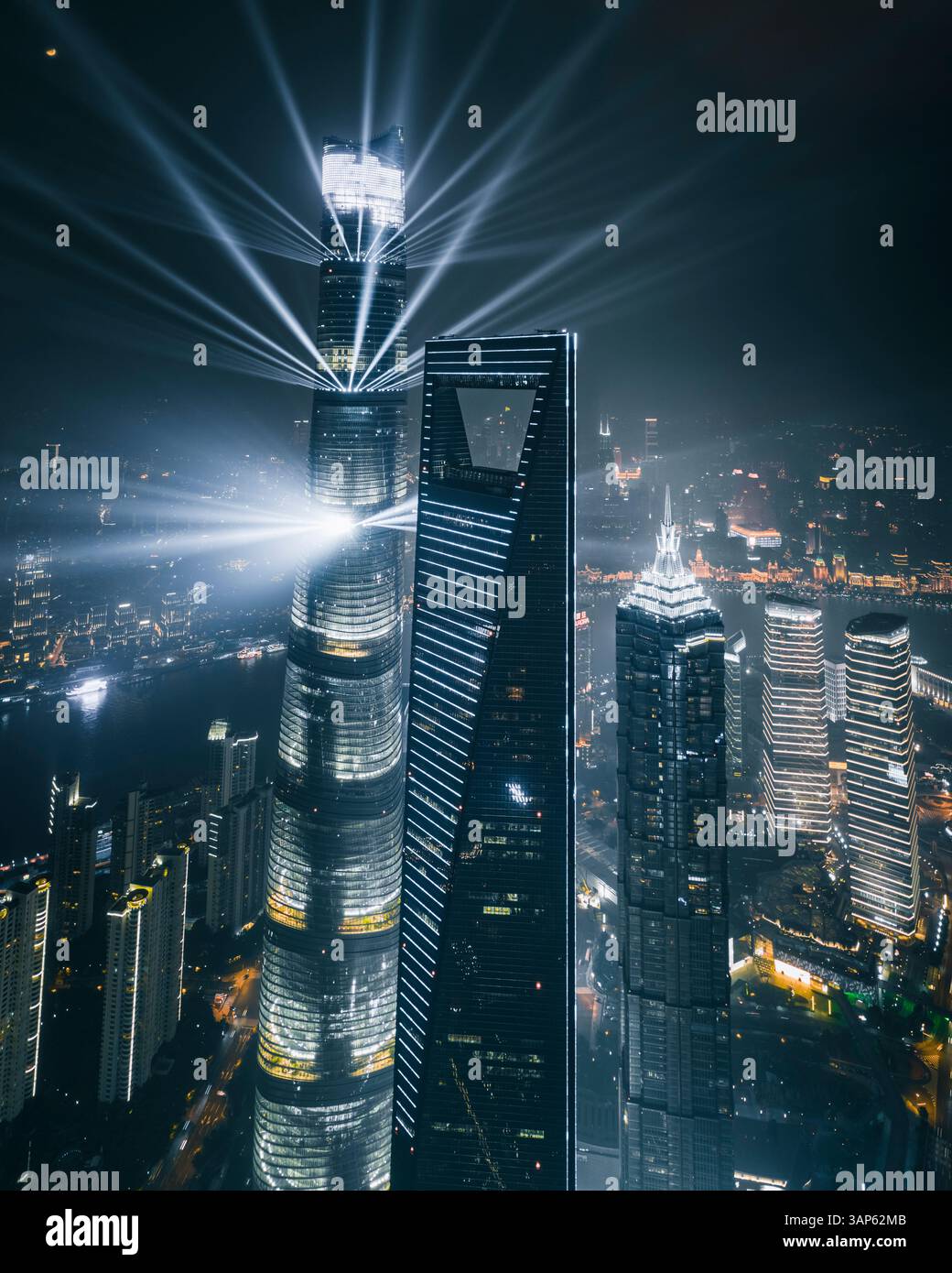 Aerial view of Shanghai city lights at late night, view of the modern ...