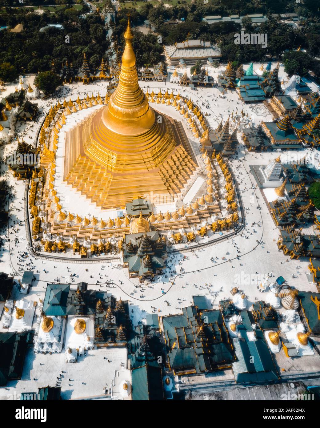 Aerial view of an enormous golden Pagoda, a famous touristic landmark ...