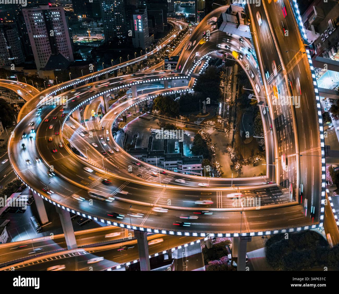 Aerial view of a busy junction street with complex intersection at ...