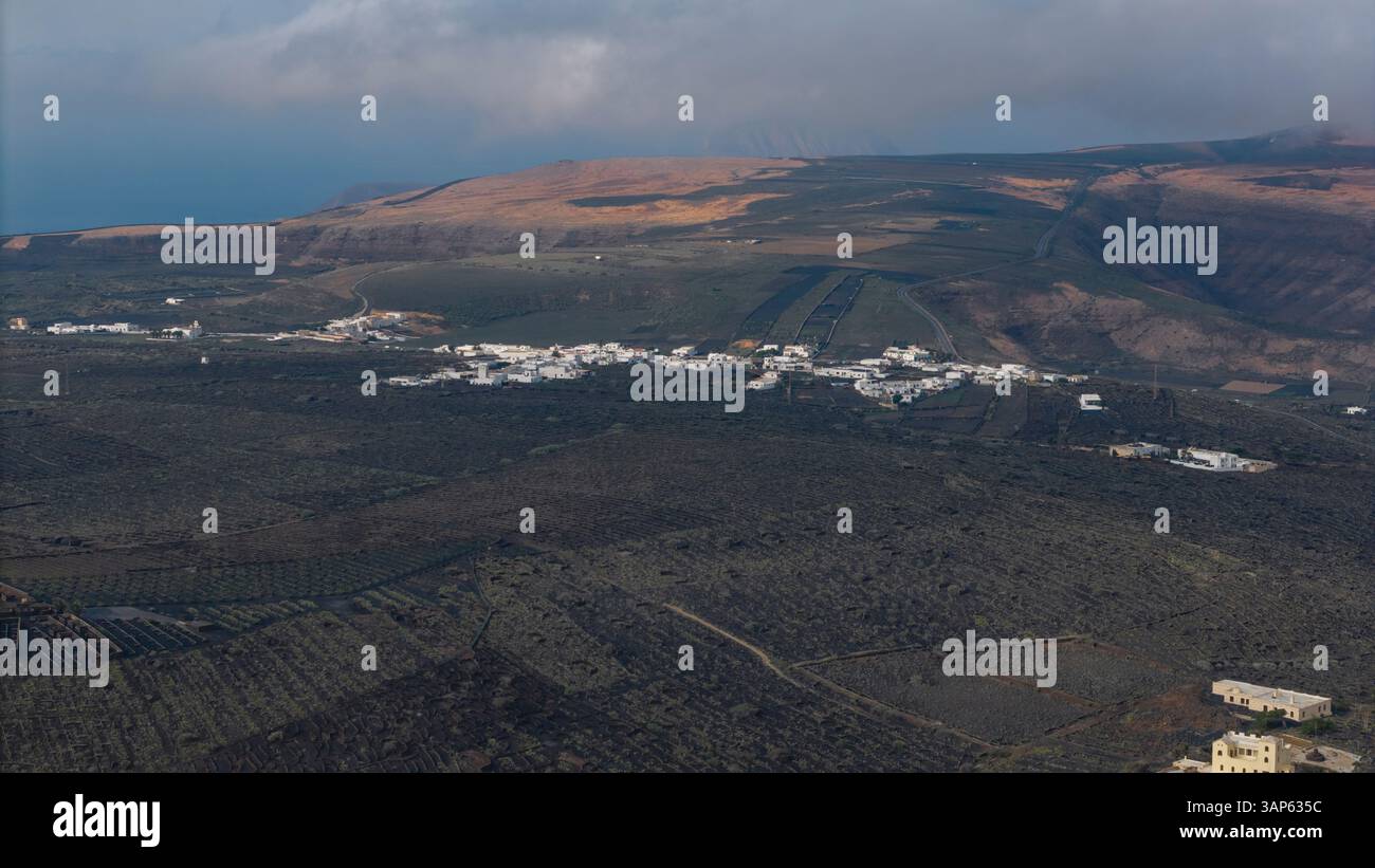Aerial view of a picturesque vineyard with dry stone walls and volcanic ...