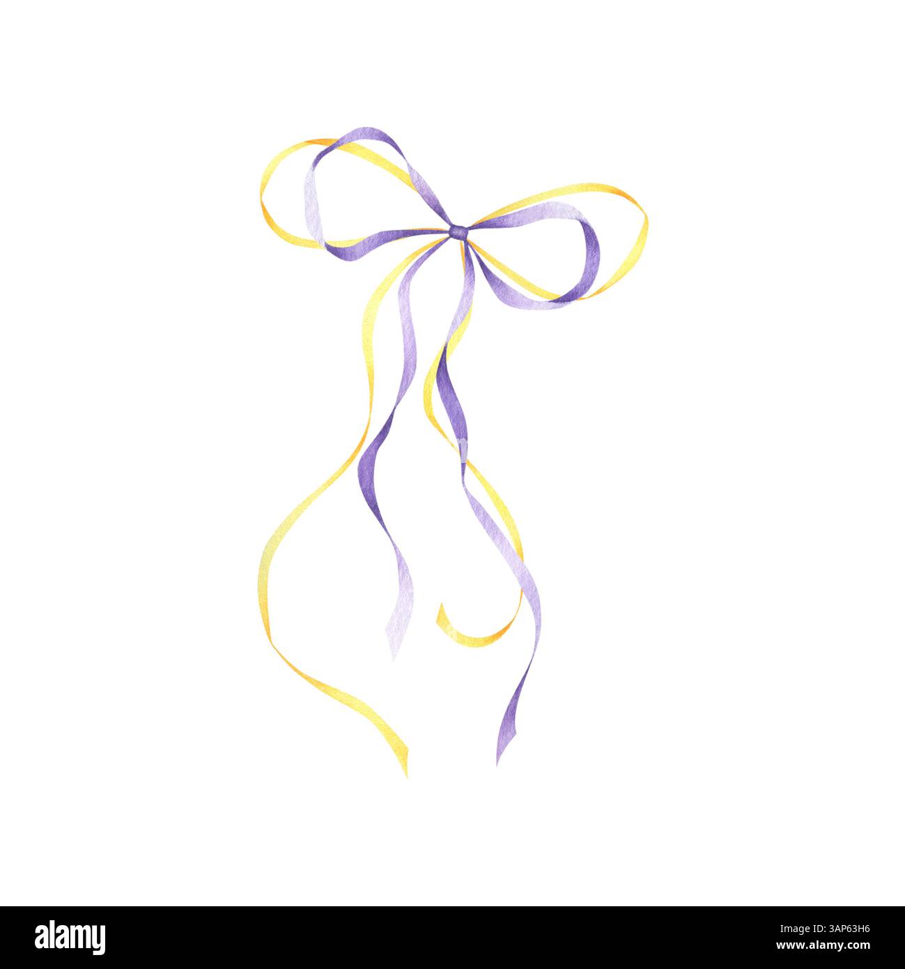 Satin pastel dual bow of yellow and lilac thin ribbon. Hand drawn ...