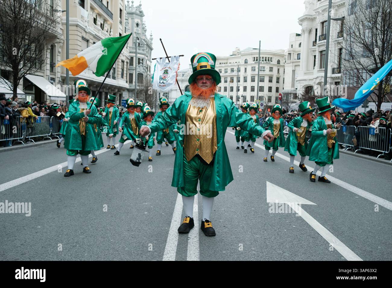 the Saint Patrick Day Parade on Gran Via Street in Madrid on March 15 ...
