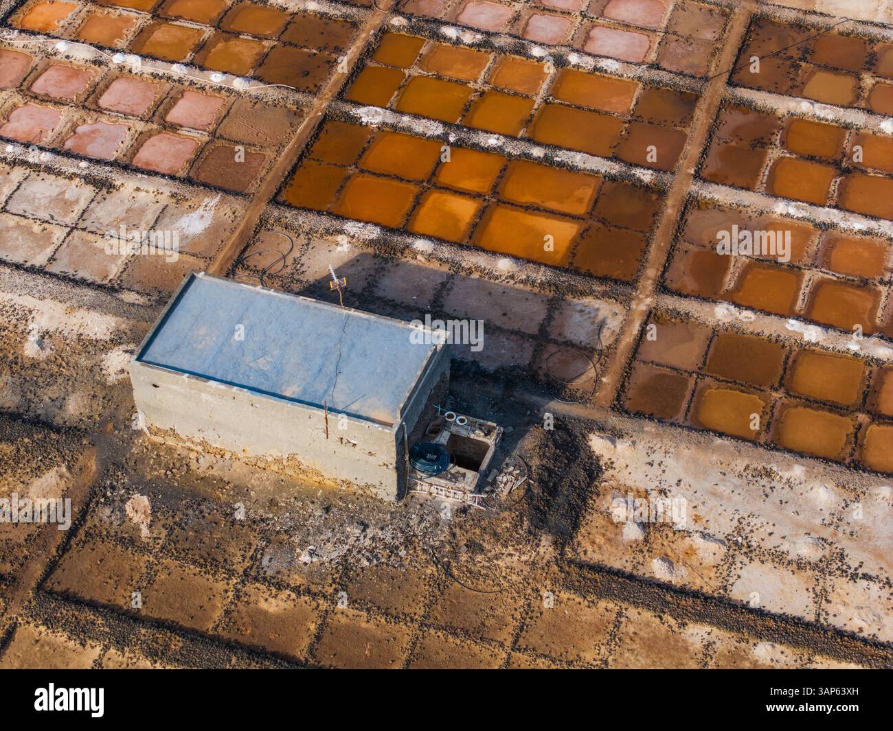 Aerial view of salt flats and traditional houses in a scenic landscape ...