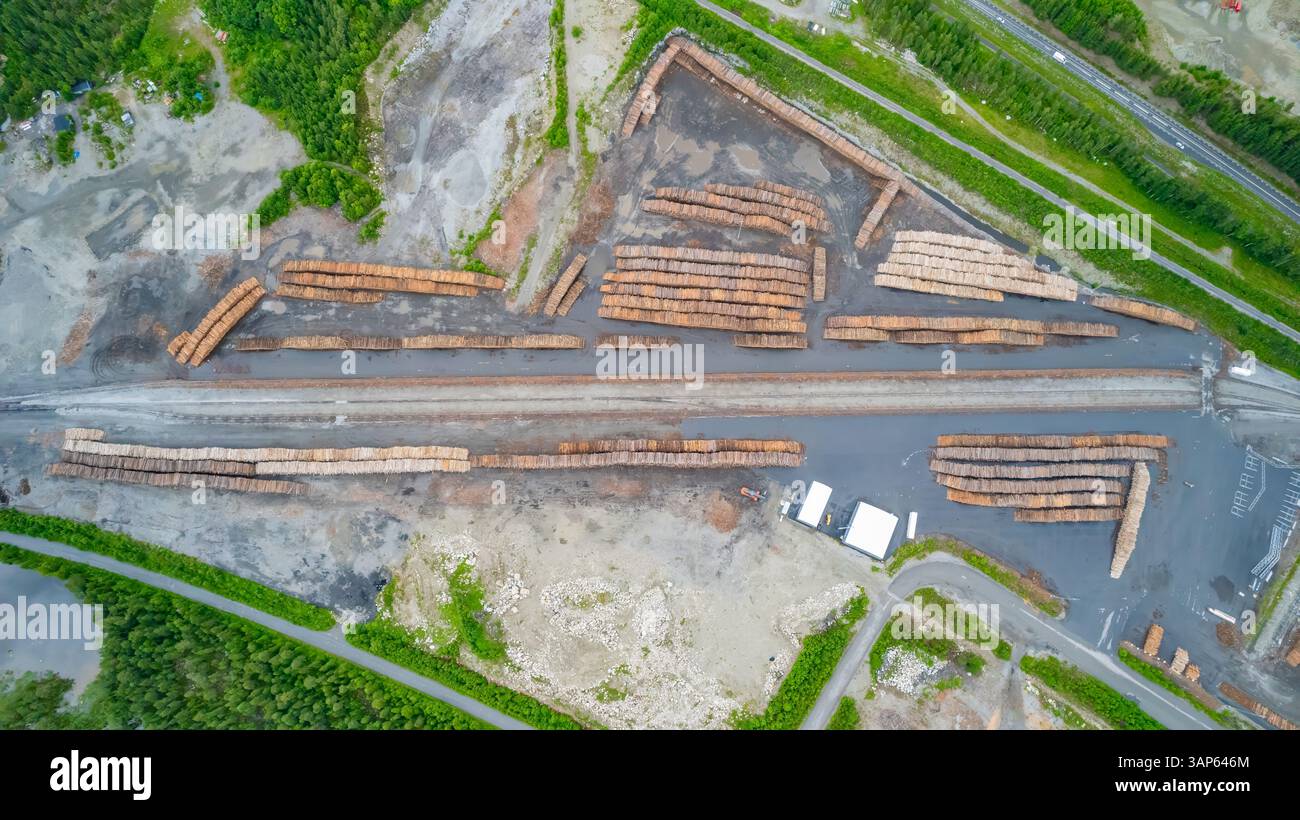 Aerial view of timber production and deforestation near a wood factory ...