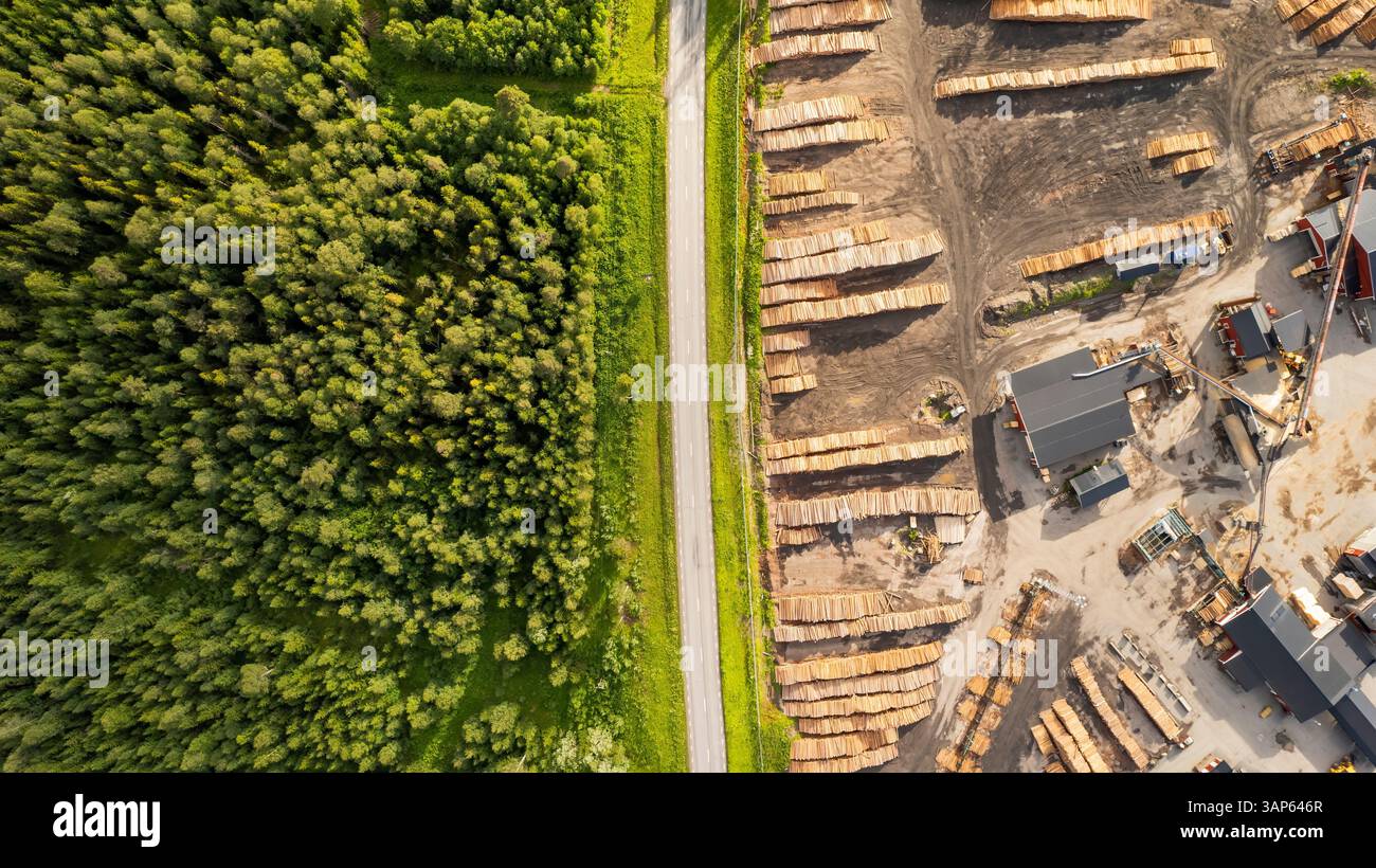Aerial view of a wood factory surrounded by deforested land and log ...