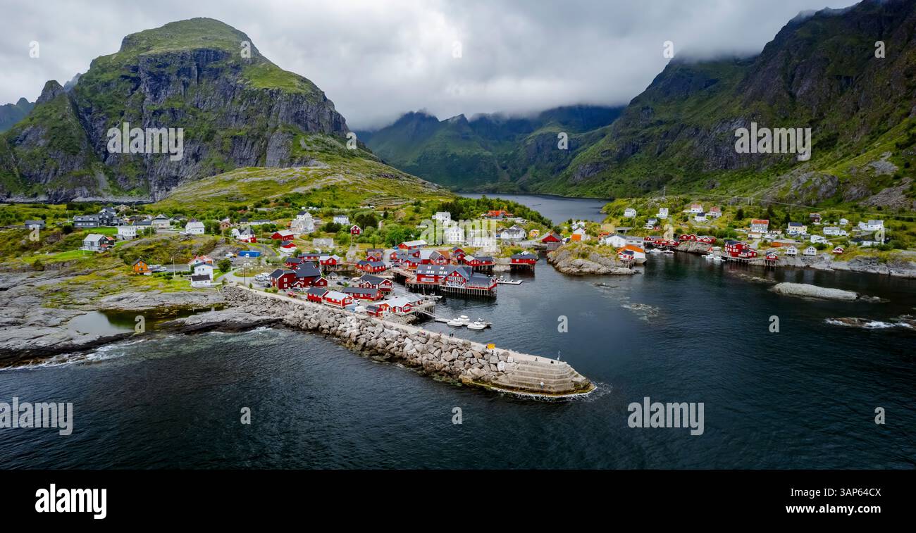 Aerial view of the picturesque village of Moskenes with traditional ...