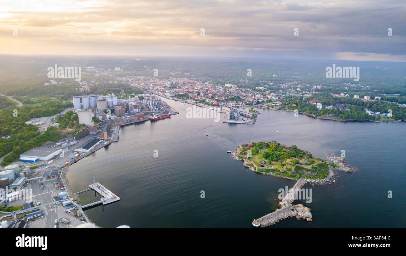Aerial view of karlshamn citadel at sunset with industrial harbour ...