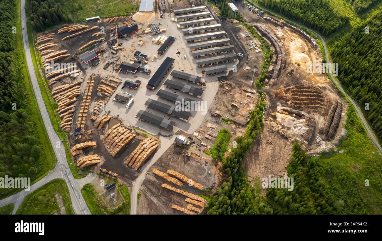 Aerial view of wood factory amidst deforestation and industrial ...