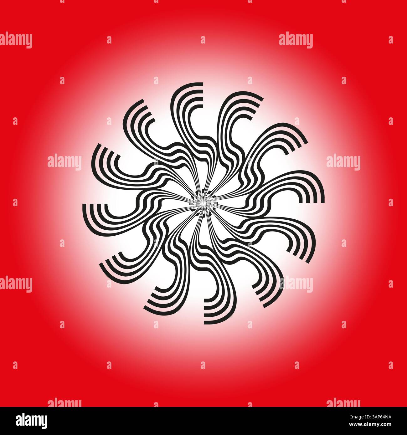 Optical spiral pattern, curved stripe explosion, red and white radial ...