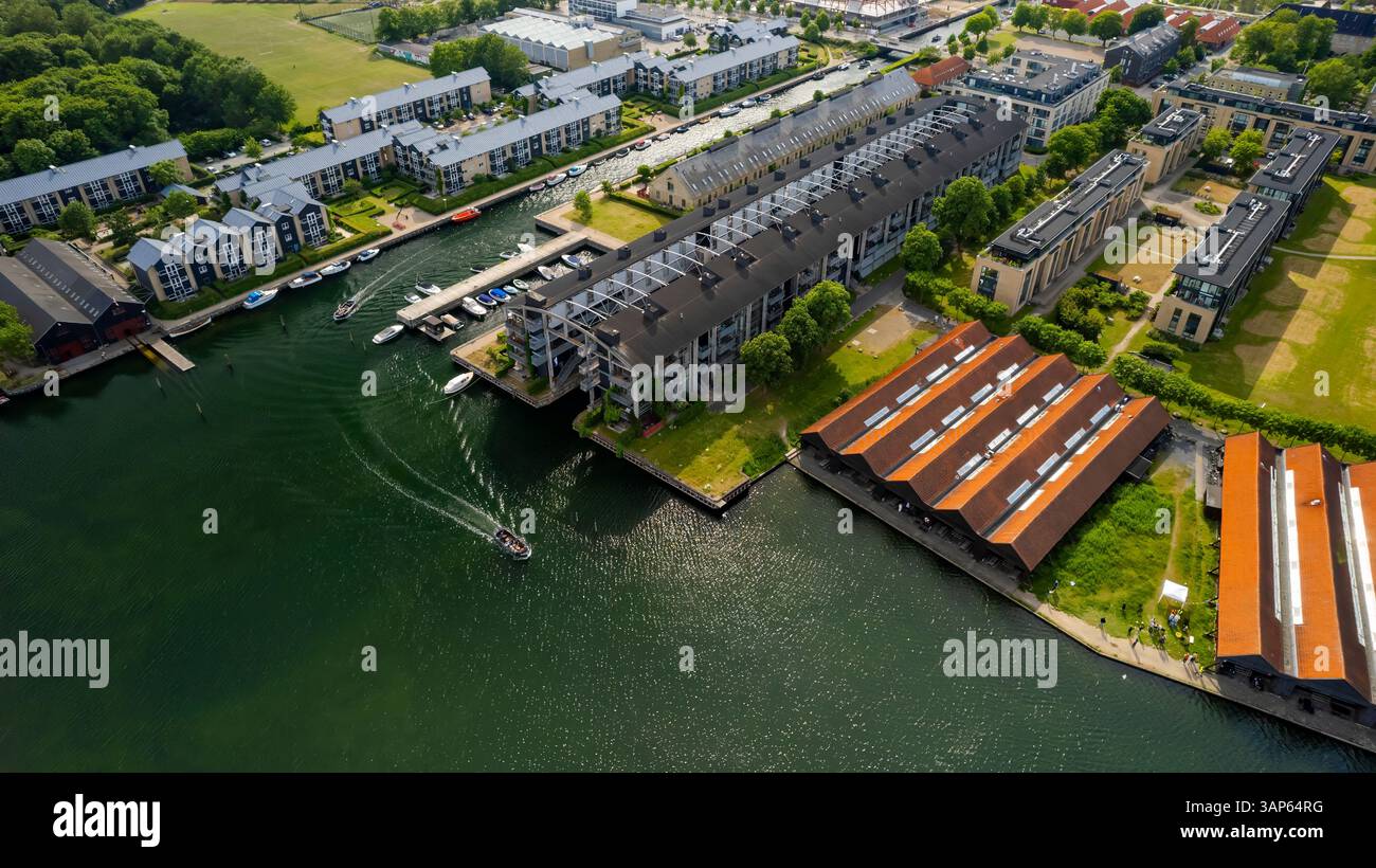 Aerial view of beautiful harbour with boats and urban architecture ...