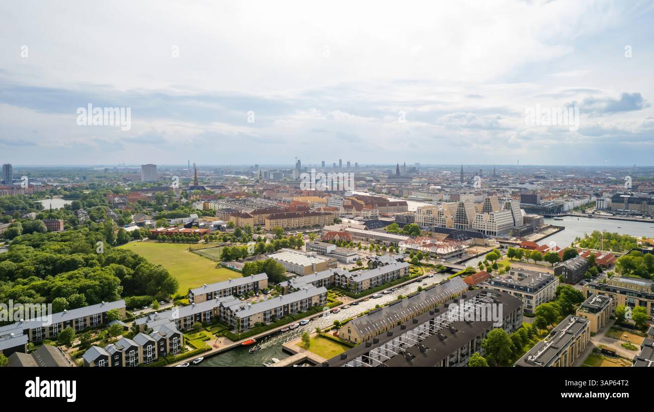 Aerial view of beautiful cityscape with historic buildings and greenery ...