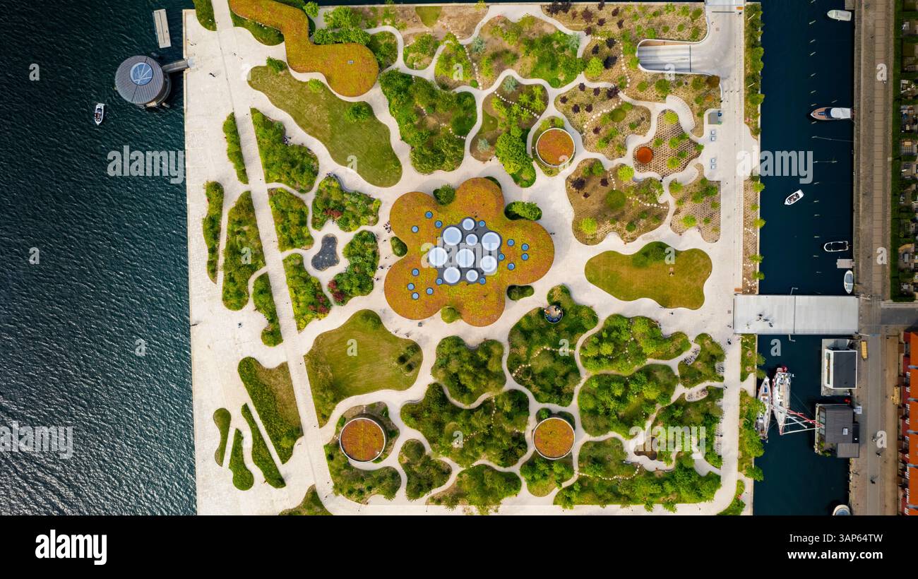 Aerial view of operapark with beautiful greenery and modern ...