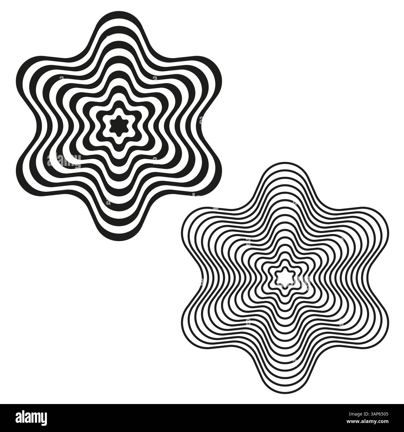 Wavy star form. Concentric ripple design. Abstract wave vector. Black ...