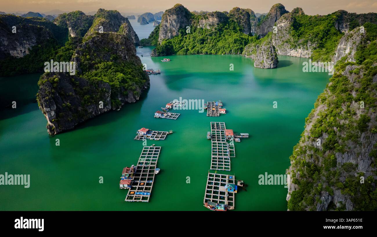 Aerial view of Vung Vieng Fishing Village and turquoise water with ...