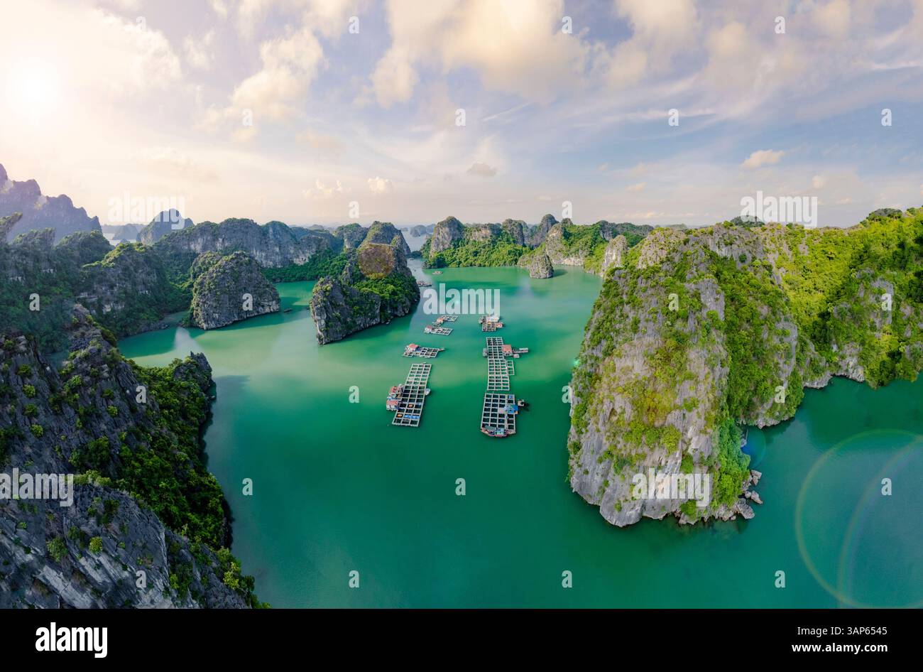 Aerial view of Vung Vieng Fishing Village and H Vung Ha Island with ...
