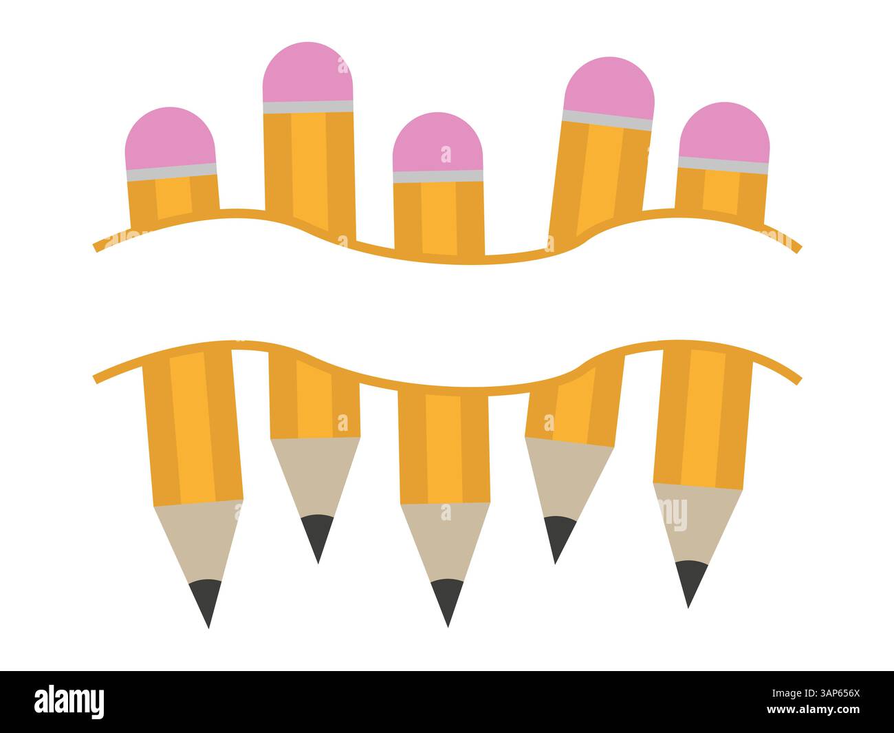 Wavy pencil border. Curved tool layout. Vector school element. Top and ...