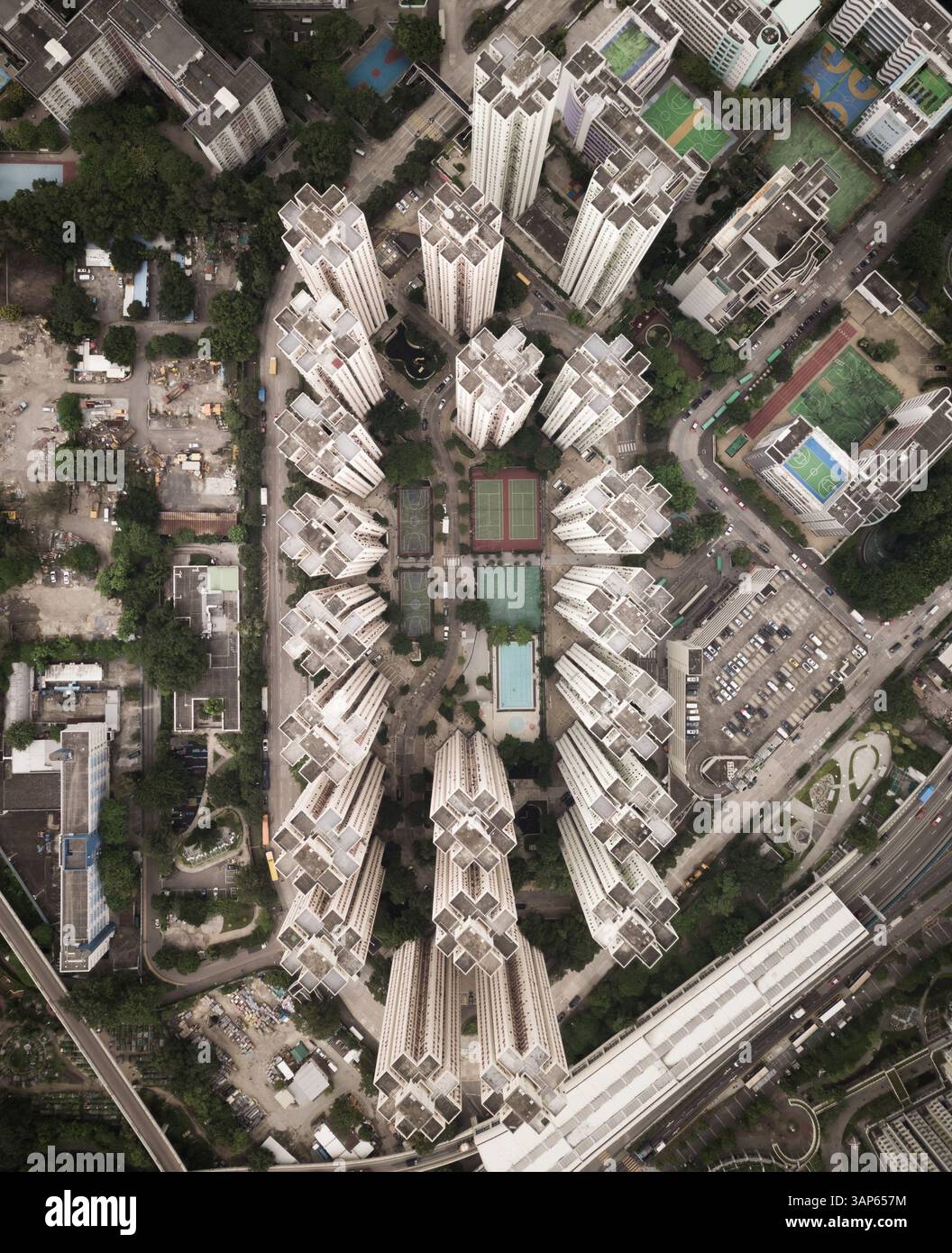 Aerial close up view of residential tower blocks in Hong Kong, China ...