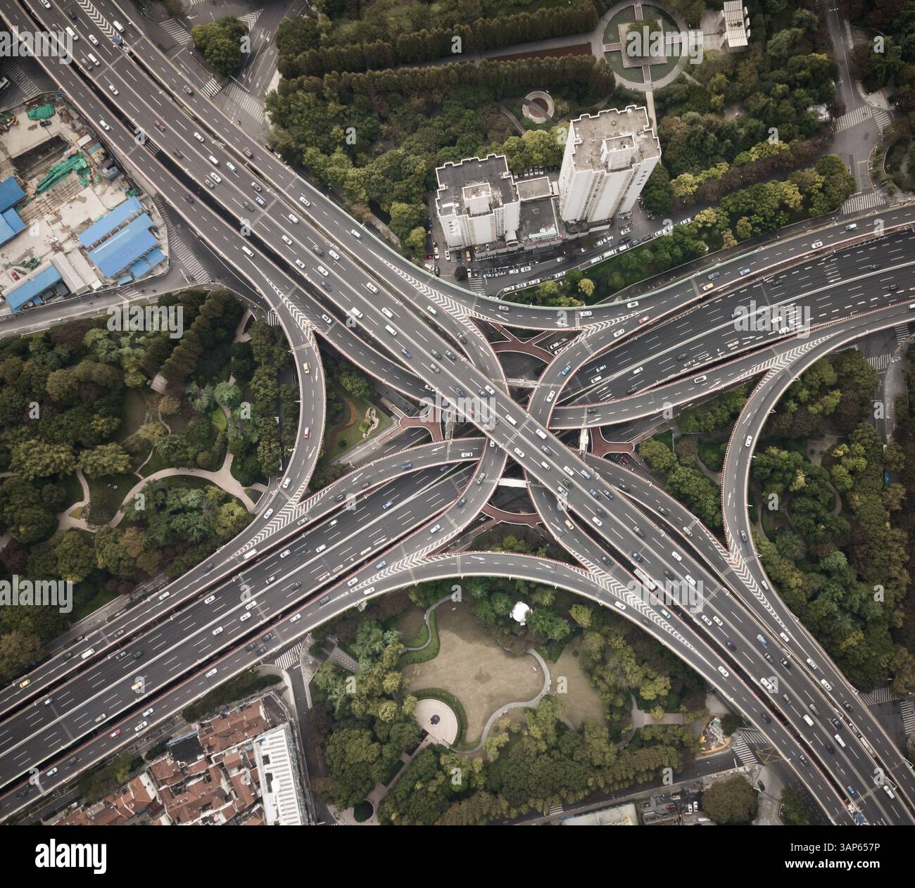 Aerial view of multi level interchange in Shanghai, China Stock Photo ...