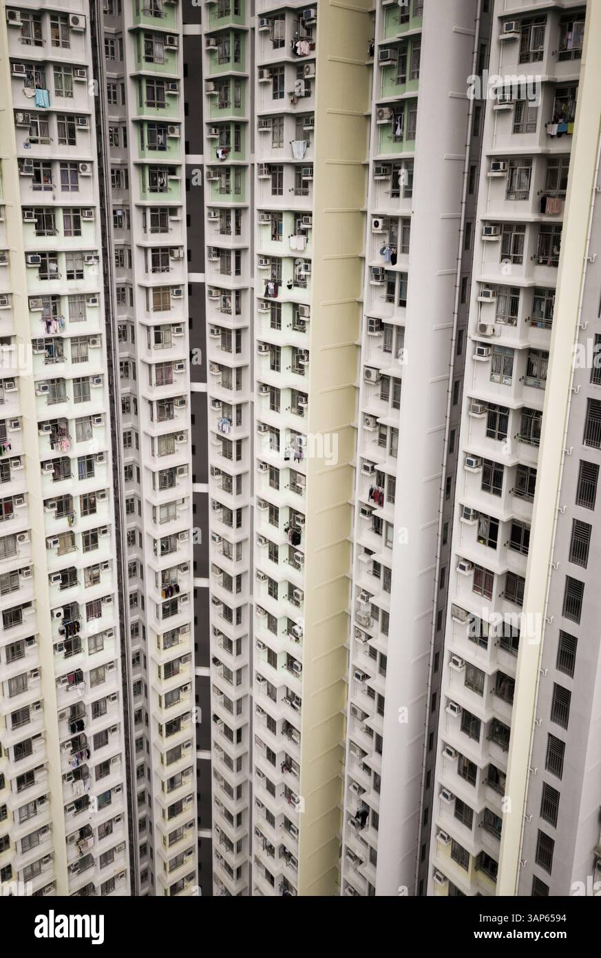 Aerial close up view of residential tower blocks in Hong Kong, China ...