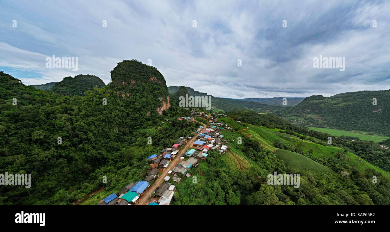 Aerial view of high mountains and nature, village Ban Jabo, Pang Mapha ...