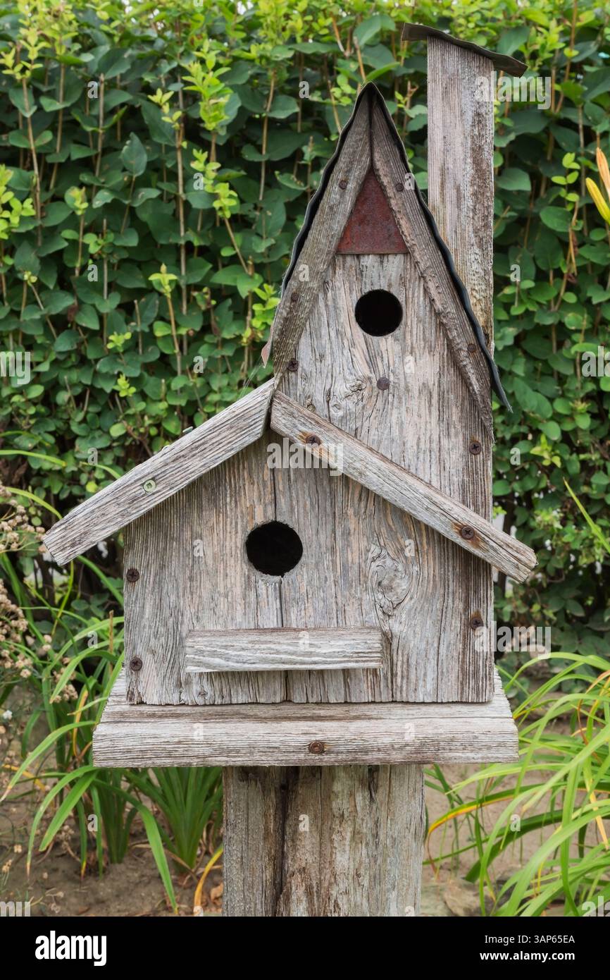 Rustic grey weathered wood and metal birdhouses on a stand in backyard ...