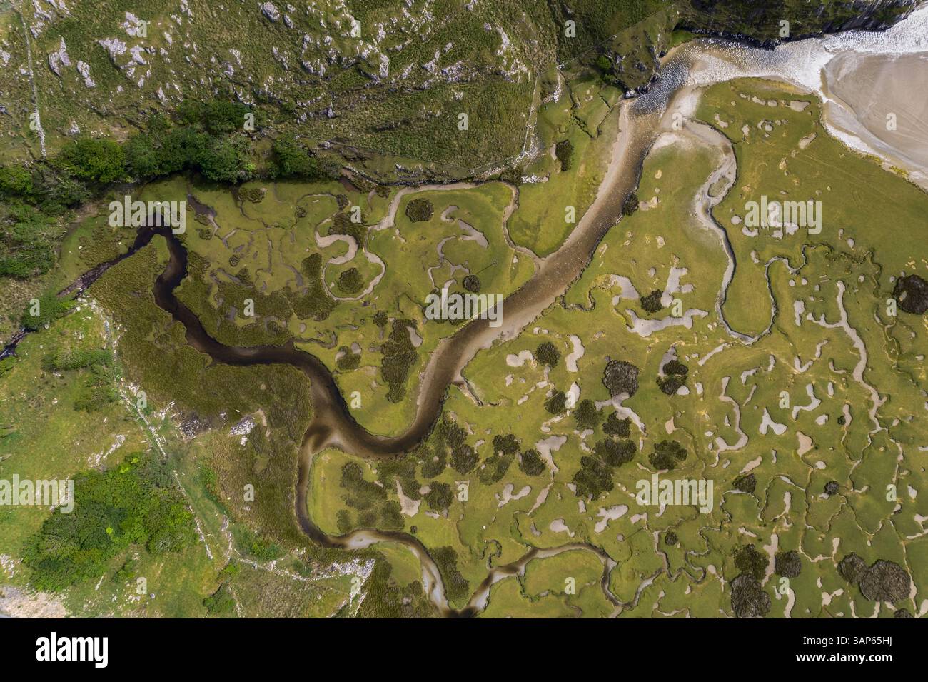 Aerial view of The Lost Valley from above with river flowing across the ...