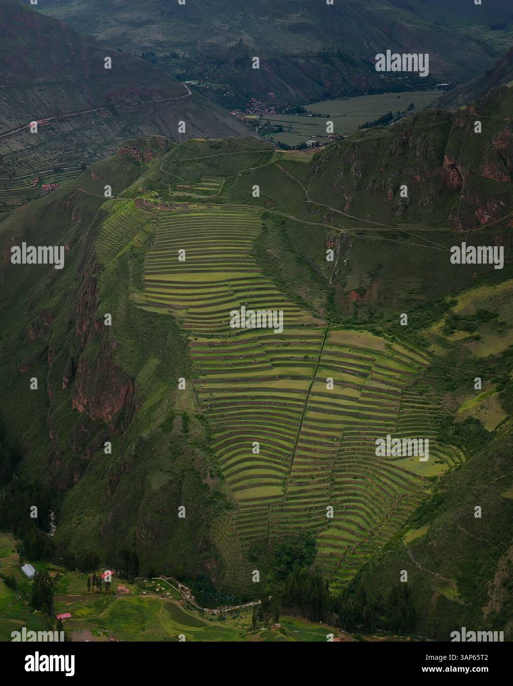 Aerial view of green agricultural fields in Pisac Arqueological Place ...