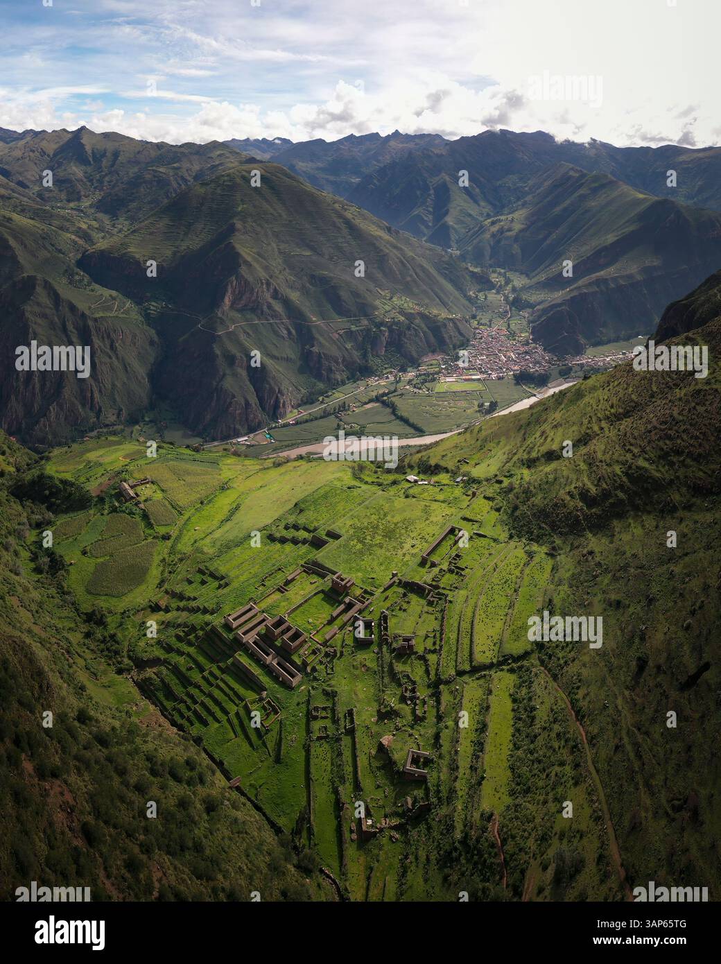 Aerial view of Huchuy Qosqo, inca ruins, archeological place, Lamay ...