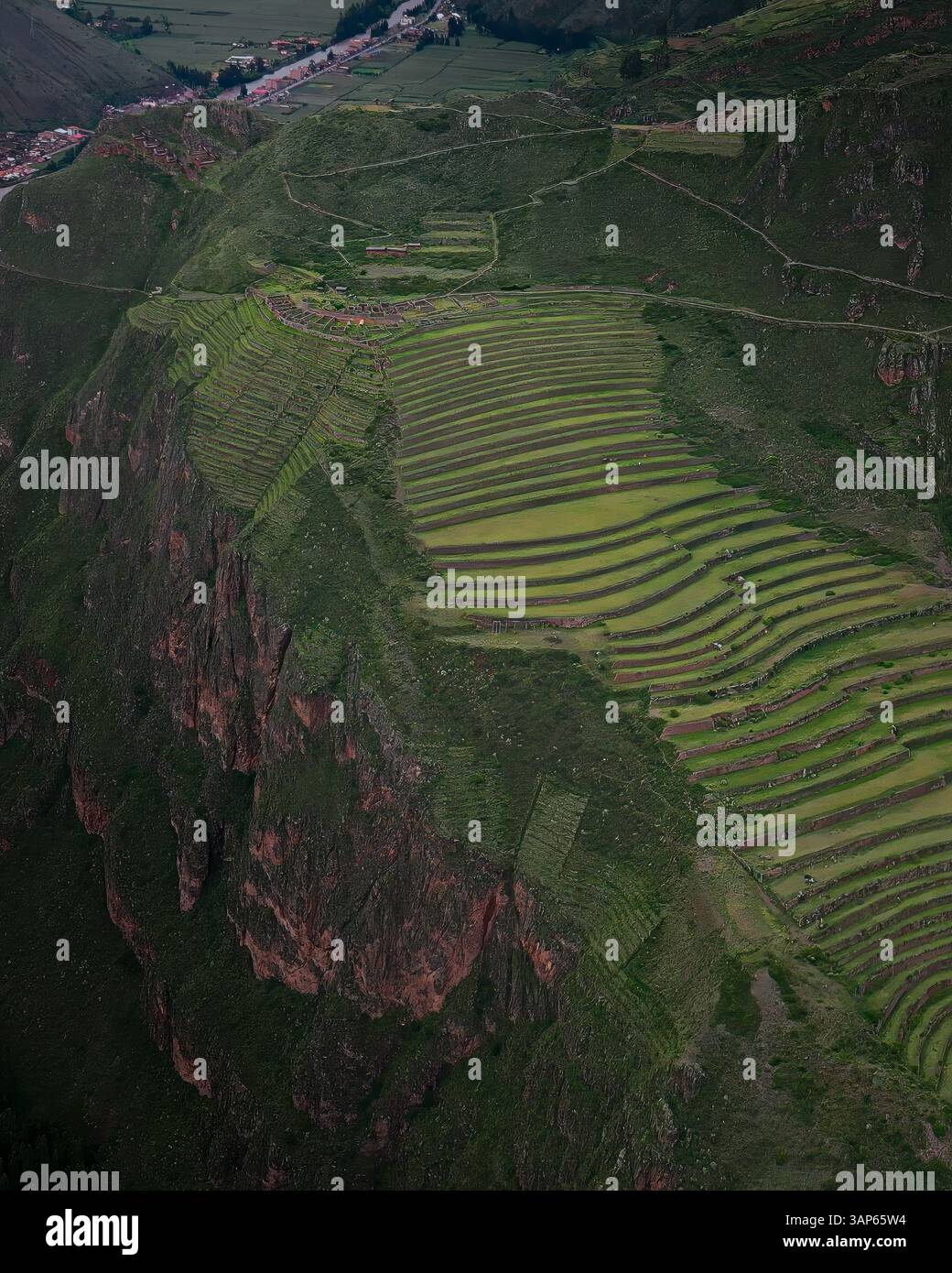 Aerial view of agricultural fields and mountains in Pisac Arqueological ...
