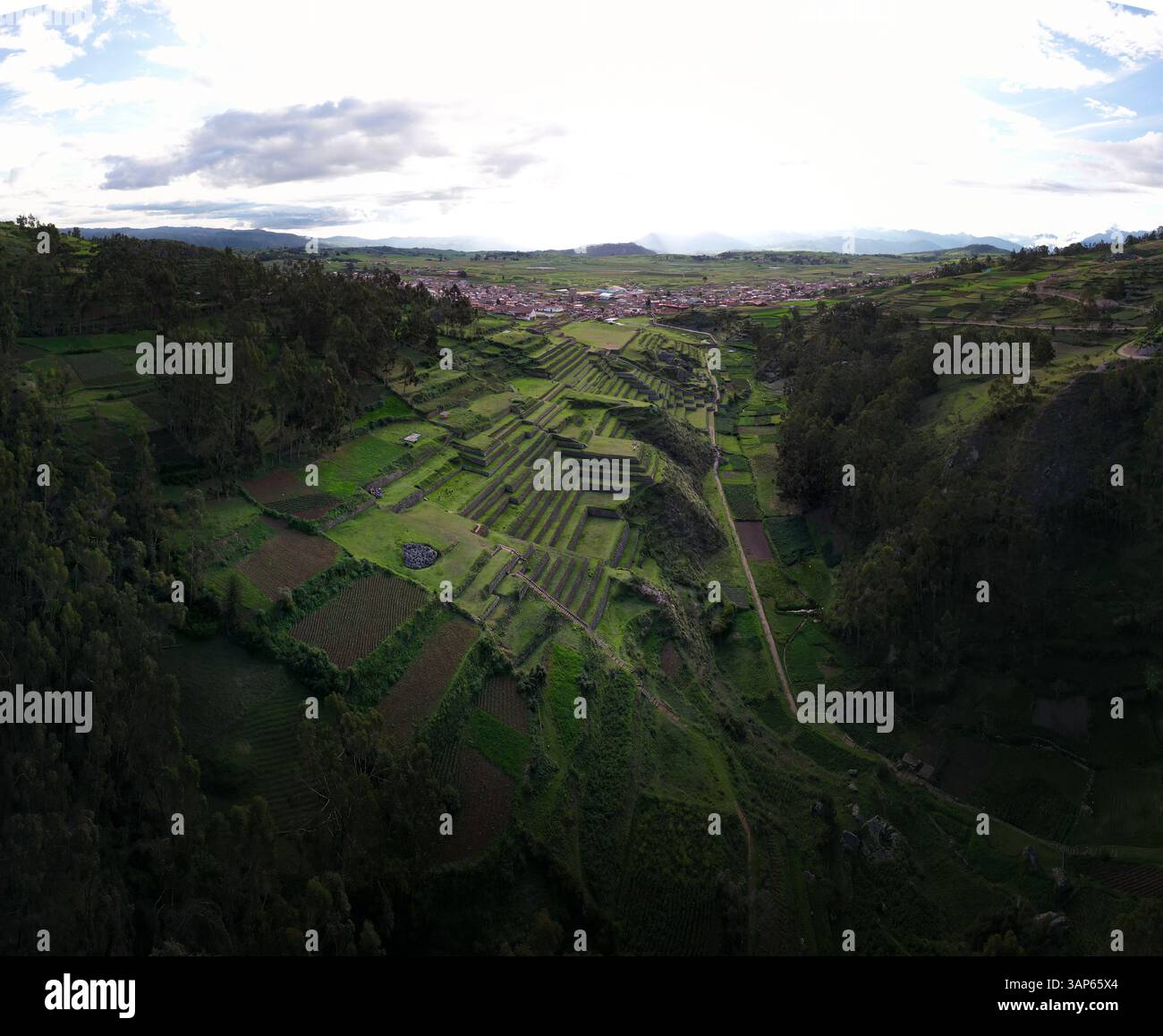 Aerial view of agricultural fields in Chinchero, Departamento del Cuzco ...