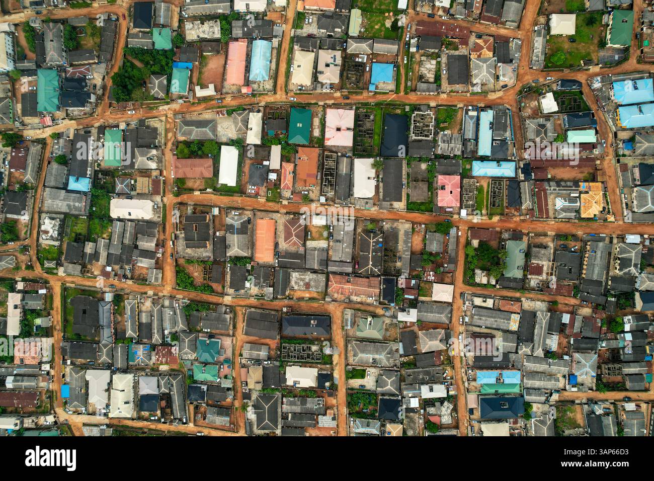 Aerial view of urban residential community with high density housing and lined roads, Ogun State ...
