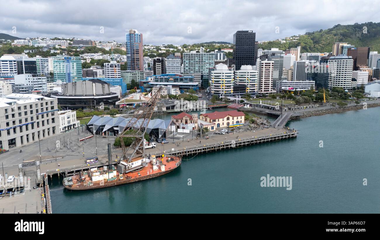 Aerial view of vibrant cityscape featuring the ss hikitia steam crane ...