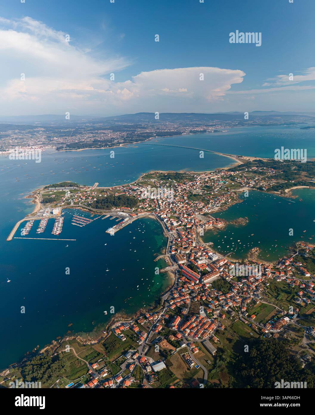 Aerial view of Illa de Arousa in Ria de Arousa, Pontevedra, Galicia ...