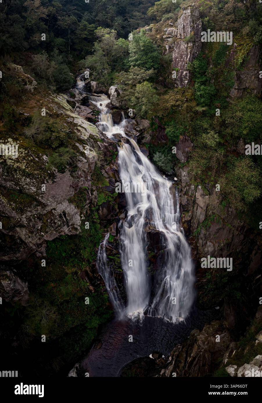 Aerial view of Do Toxa waterfall over Toxa river in Quintás, Pontevedra ...