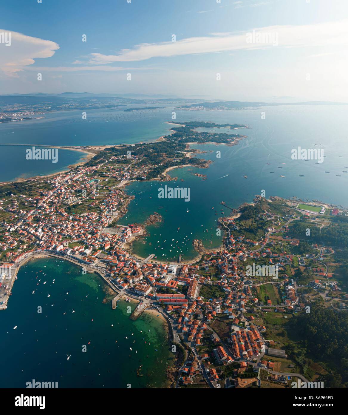 Aerial view of Illa de Arousa in Ria de Arousa, Pontevedra, Galicia ...